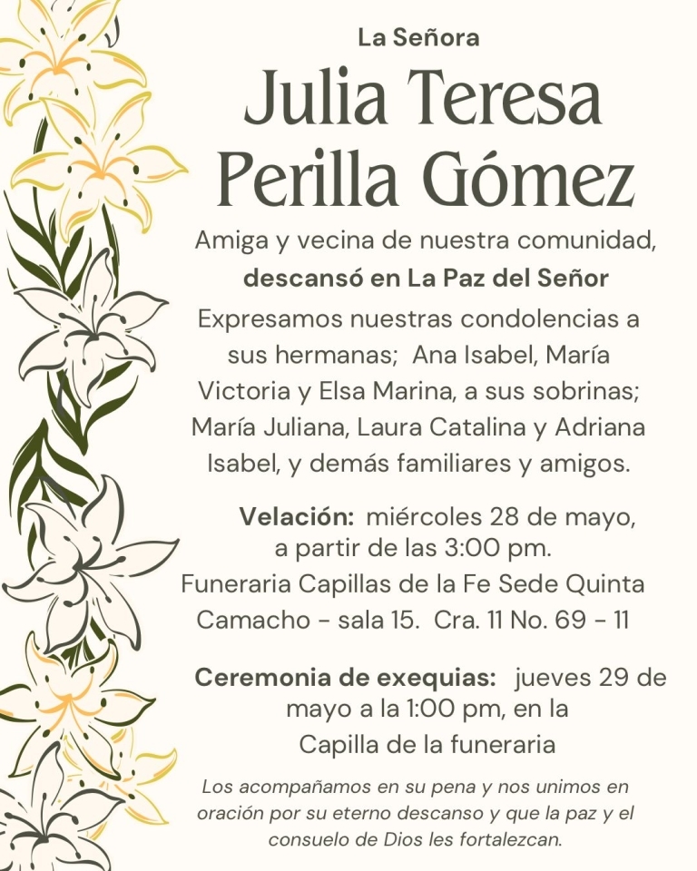 Fallecimiento de la 𝐒𝐫𝐚. 𝐉𝐮𝐥𝐢𝐚 𝐓𝐞𝐫𝐞𝐬𝐚 𝐏𝐞𝐫𝐢𝐥𝐥𝐚 𝐆𝐨́𝐦𝐞𝐳, | Arquidiócesis ...