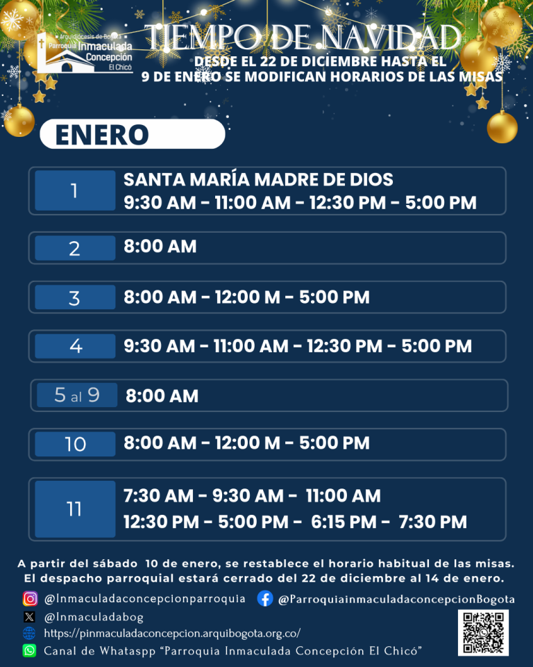 HORARIOS 1 AL 9 DE ENERO 2026 | Arquidiócesis de Bogotá